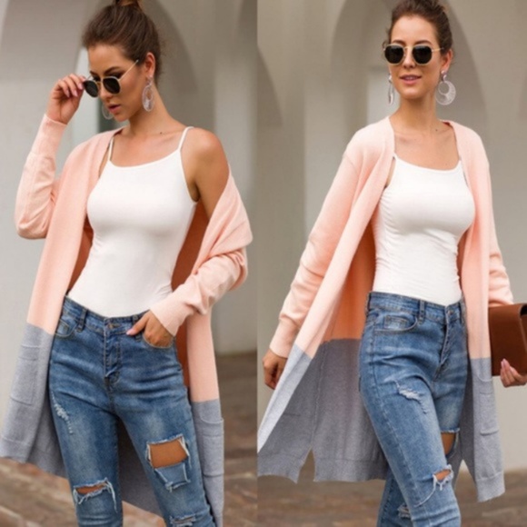Sweaters | Peachy Pink Color Block Knit Cardigan | Poshmark